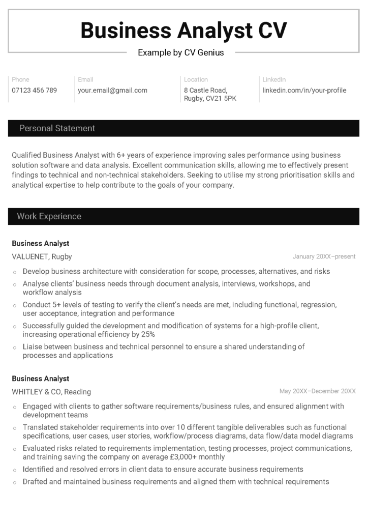 Business Analyst CV Example, Template, & Writing Guide