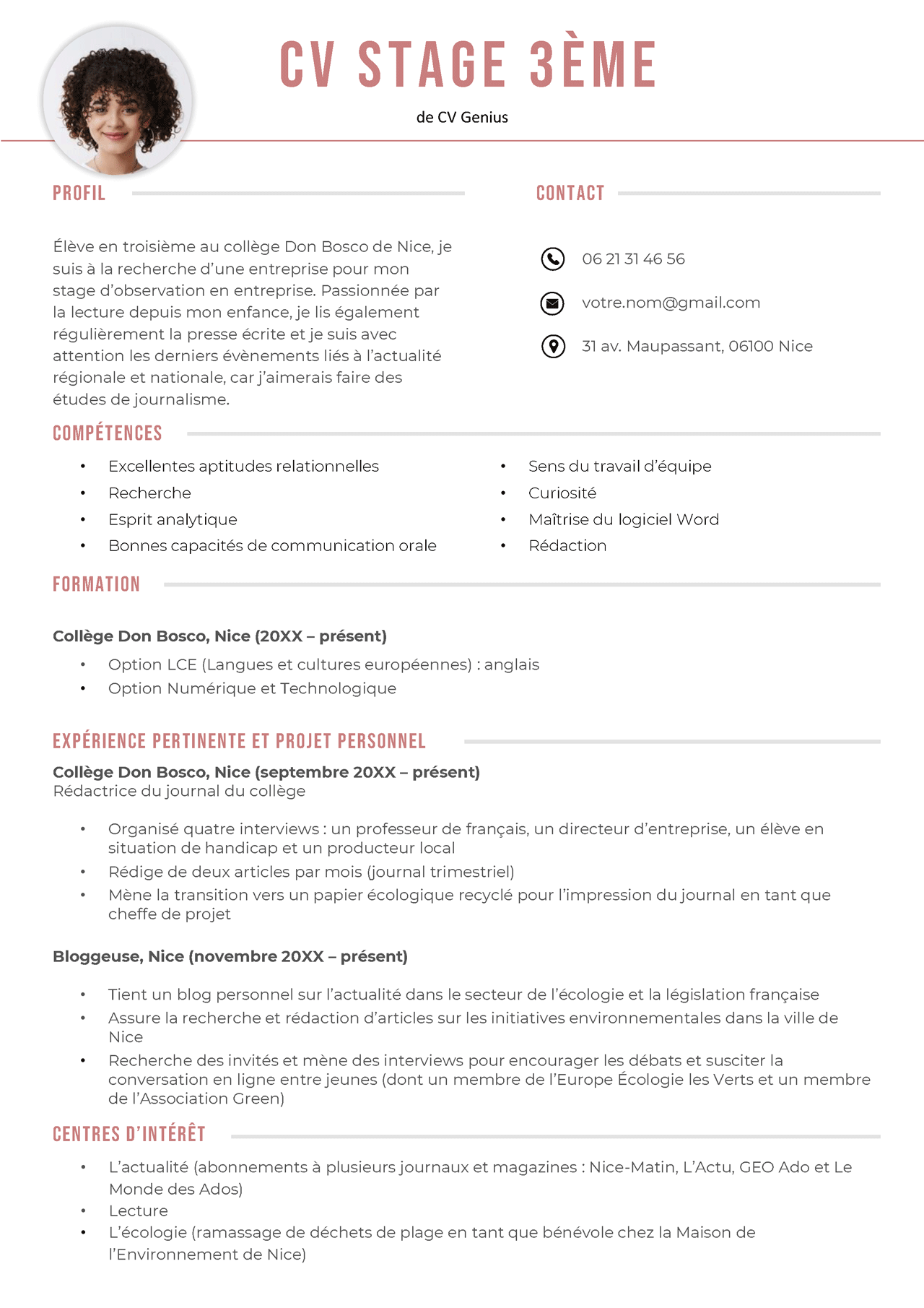 CV stage 3ème, exemple et conseils pour 2025