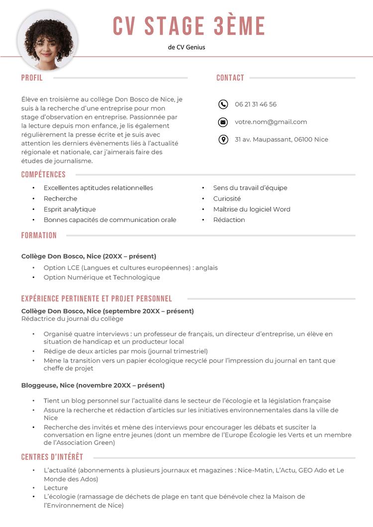 CV stage 3ème, exemple et conseils pour 2025