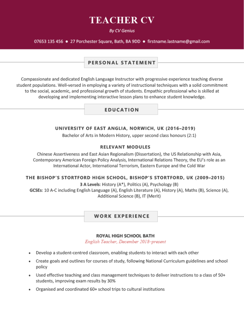 Teacher CV: Examples with Writing Guide - CV Genius
