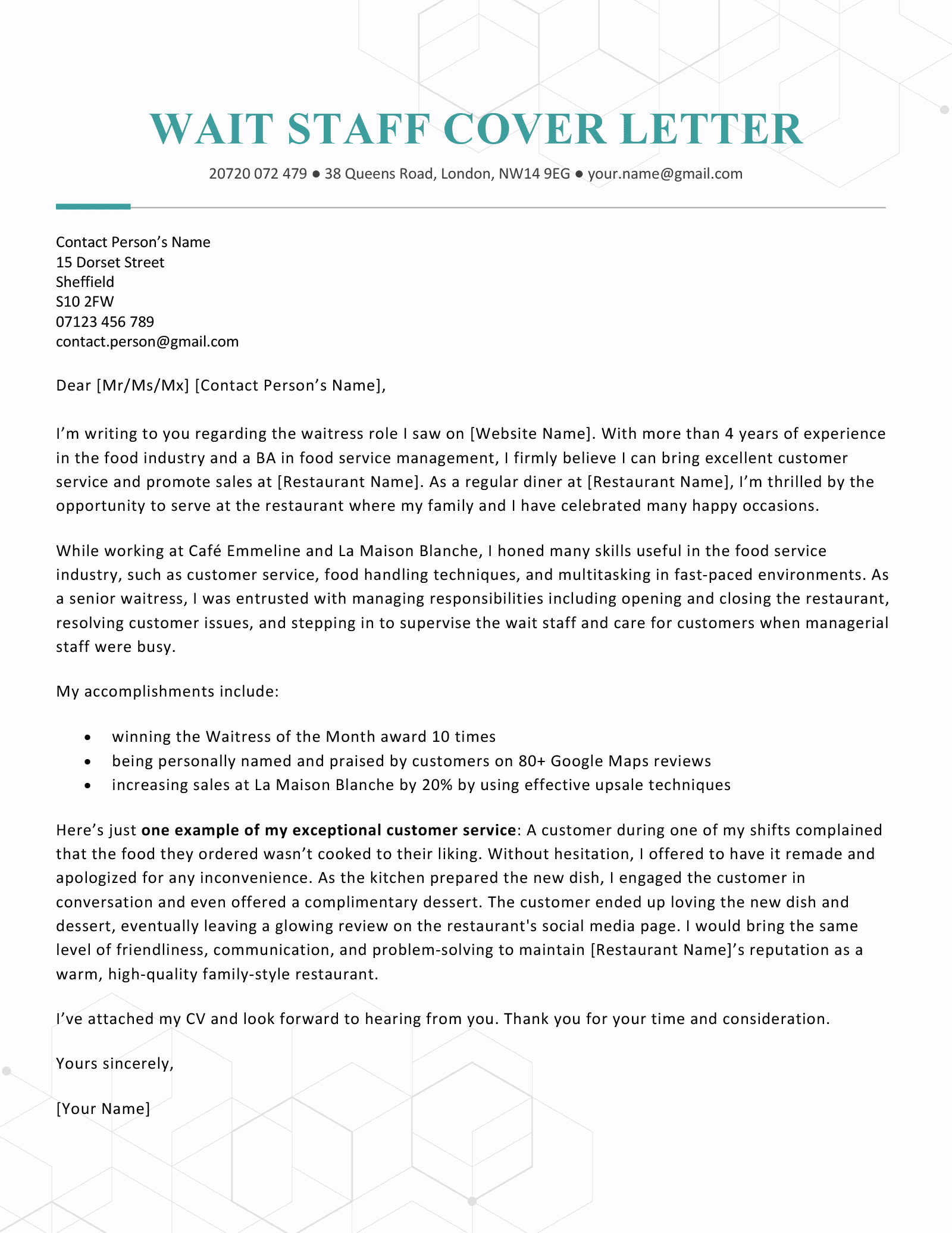 Waitress cover letter store