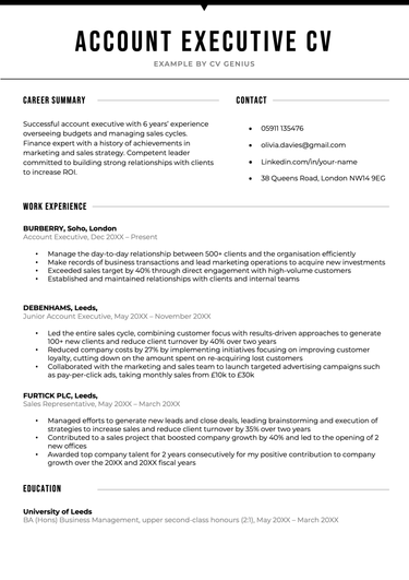 Account Executive CV Example, Template, & Skills for 2026