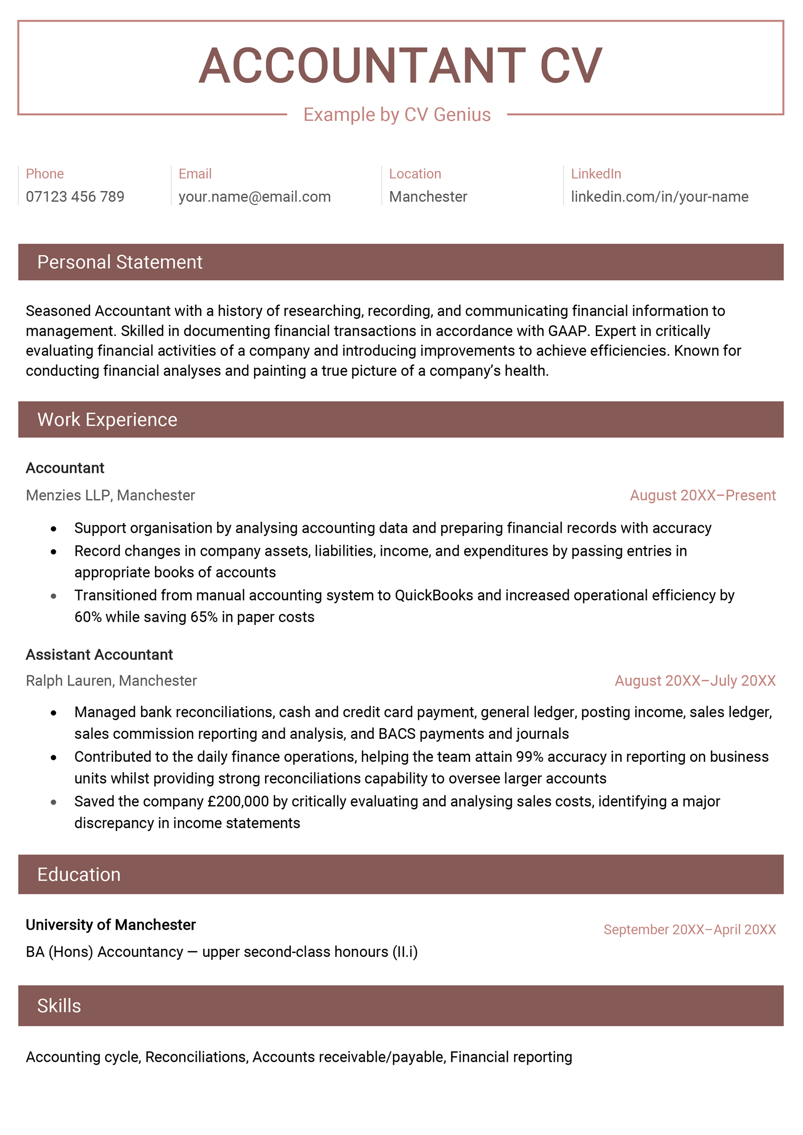 2 Accountant CV Examples, Template, & Writing Guide