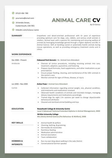 Animal Care CV Example & 18+ Skills for your CV