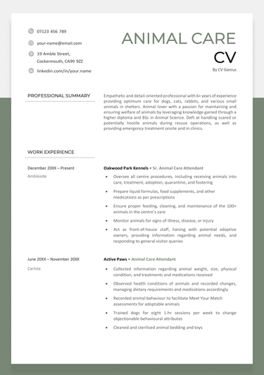 Animal Care CV Example & 18+ Skills for your CV