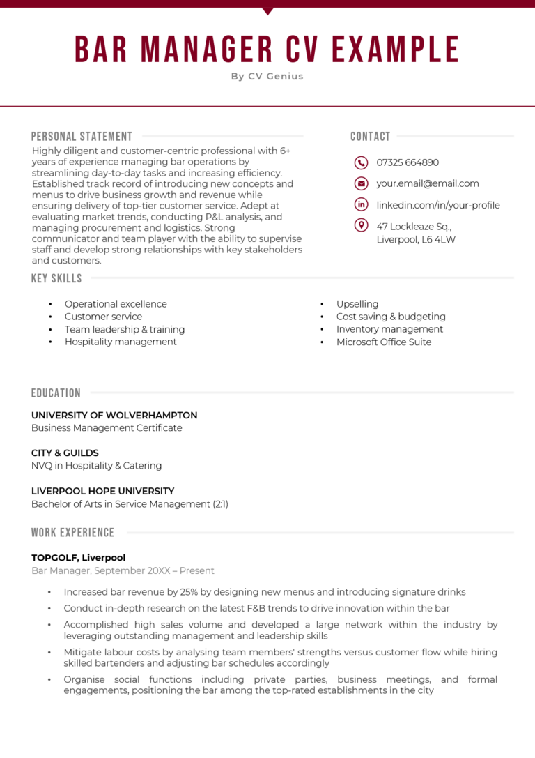 Bar Manager CV - Example & Template