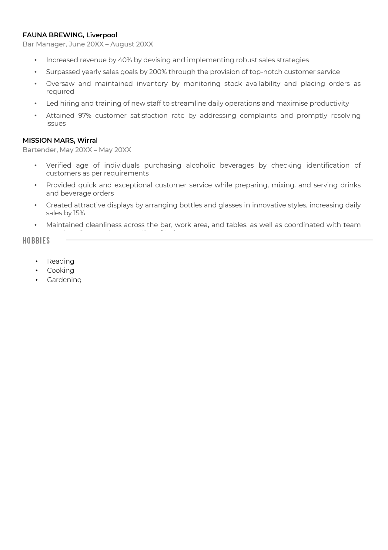 Bar Manager CV Example, Template, & Skills Bar Manager CV Example, Template, & Skills