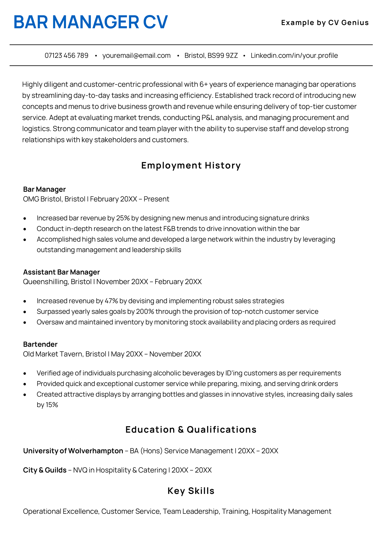 Free Bar Manager CV Example Download (with Writing Tips)