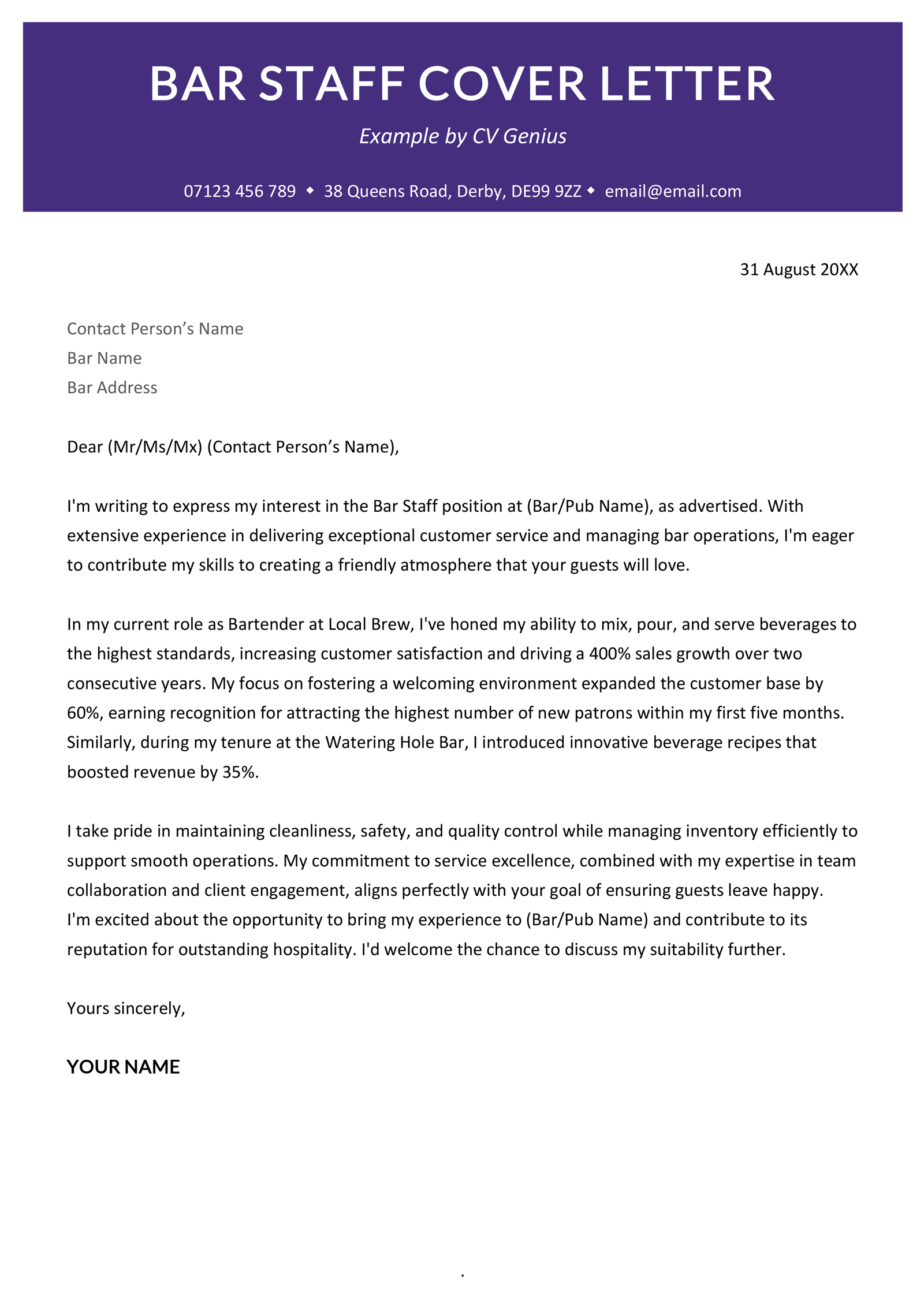 Example Cover Letter For Bar Staff & Writing Tips for 2026
