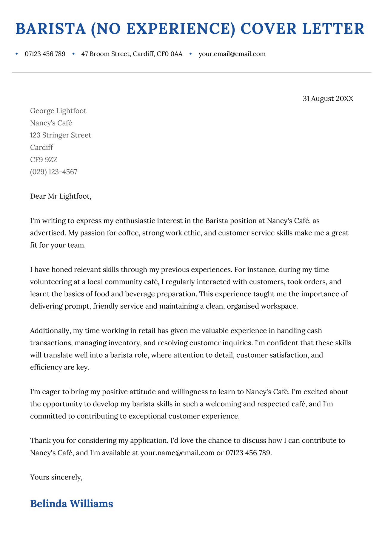 Barista Cover Letter: Examples, Free Template, & Tips