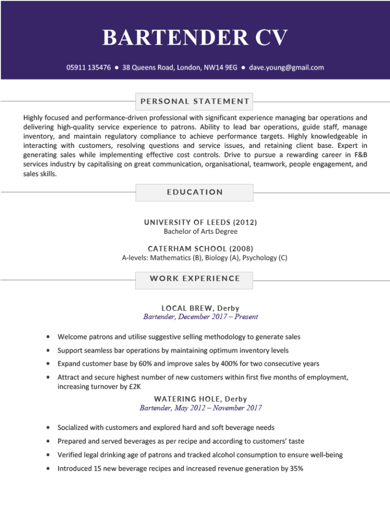 Bartender CV Writing Tips & Template | CV Genius