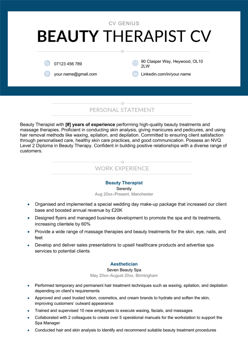 Beauty Therapist CV - Example & Free Template