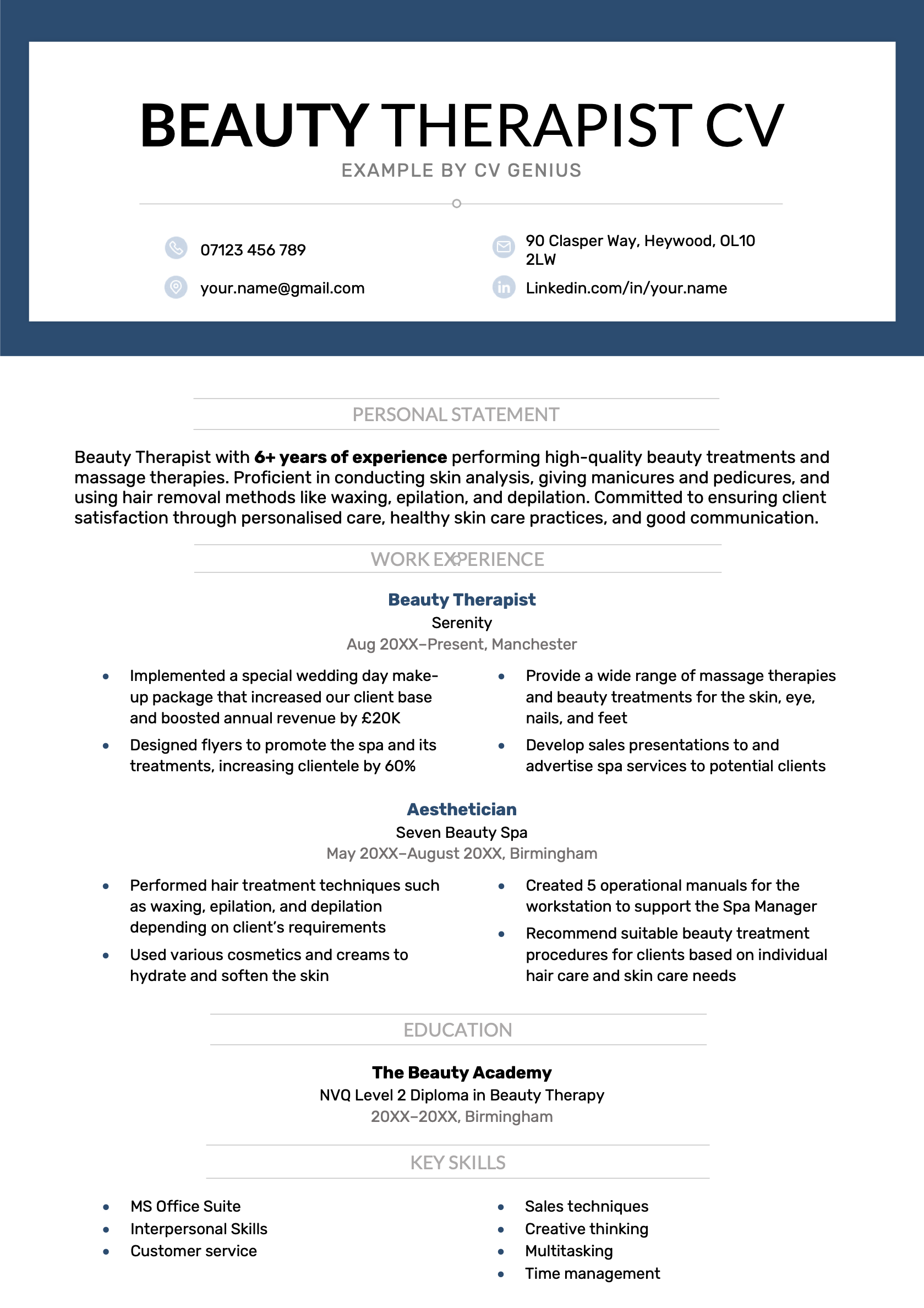 Beauty Therapist CV Sample Template Free Download 