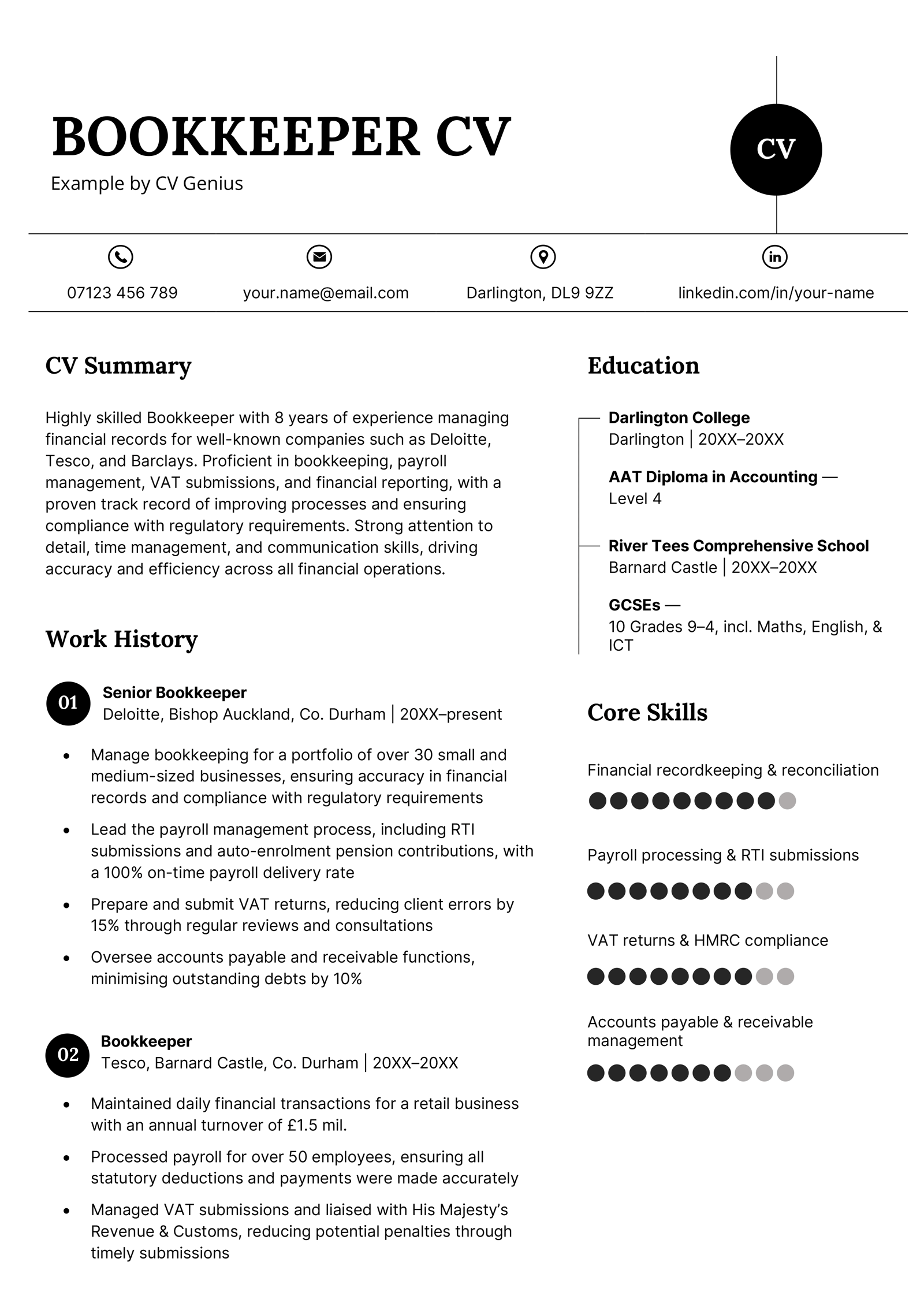 Bookkeeper CV Example for 2025