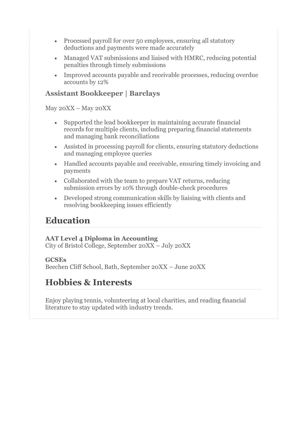 Bookkeeper CV Example for 2025