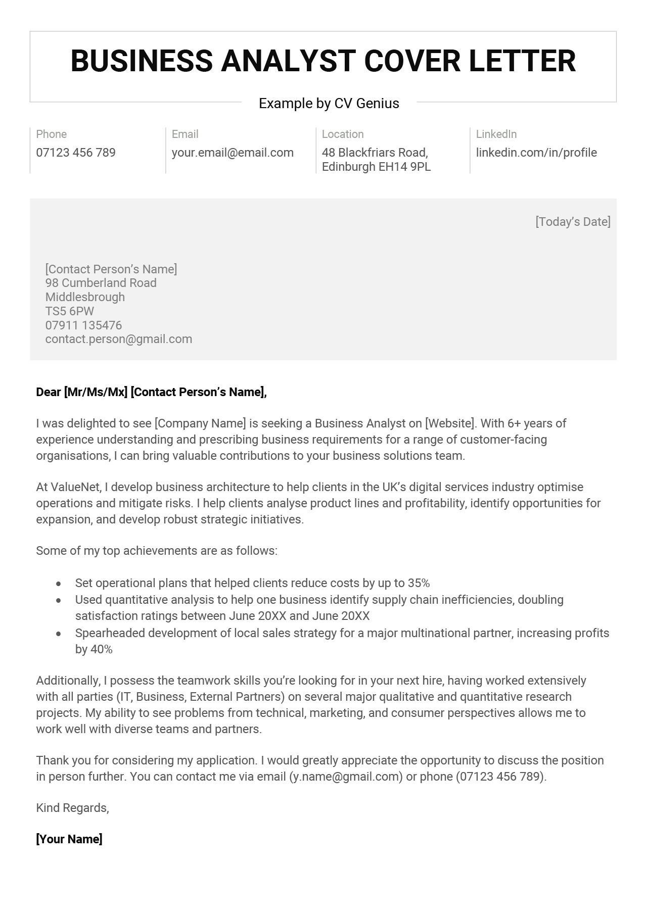 Business Analyst Cover Letter Example & Writing Tips