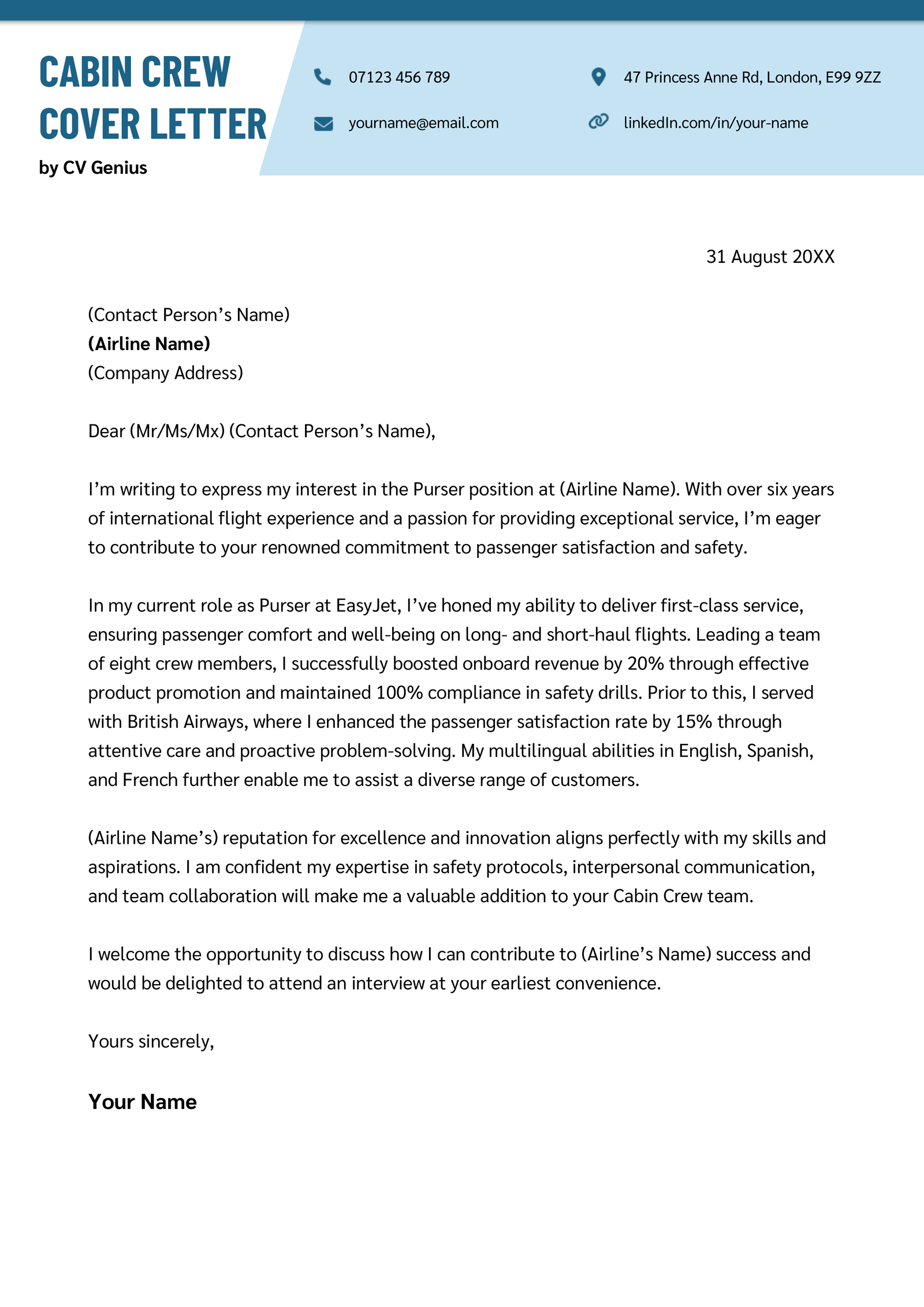 Cabin Crew Cover Letter Example & Writing Tips for 2025