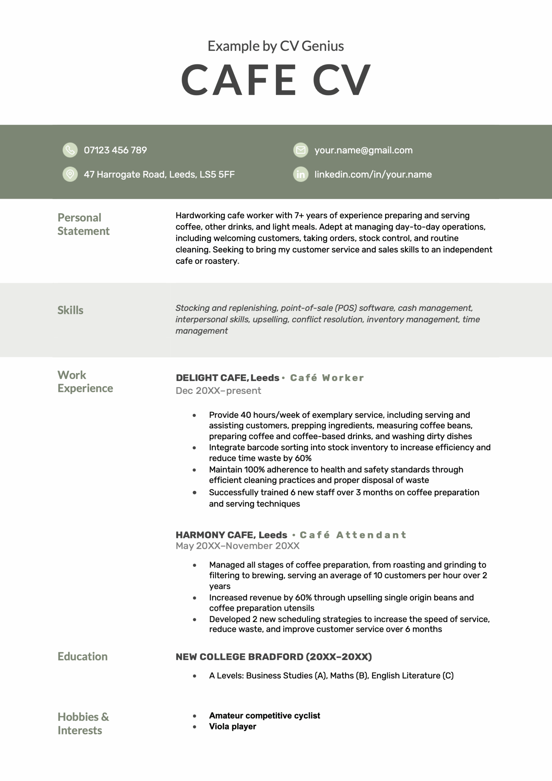 Cafe CV: Example & Template (Free Download)