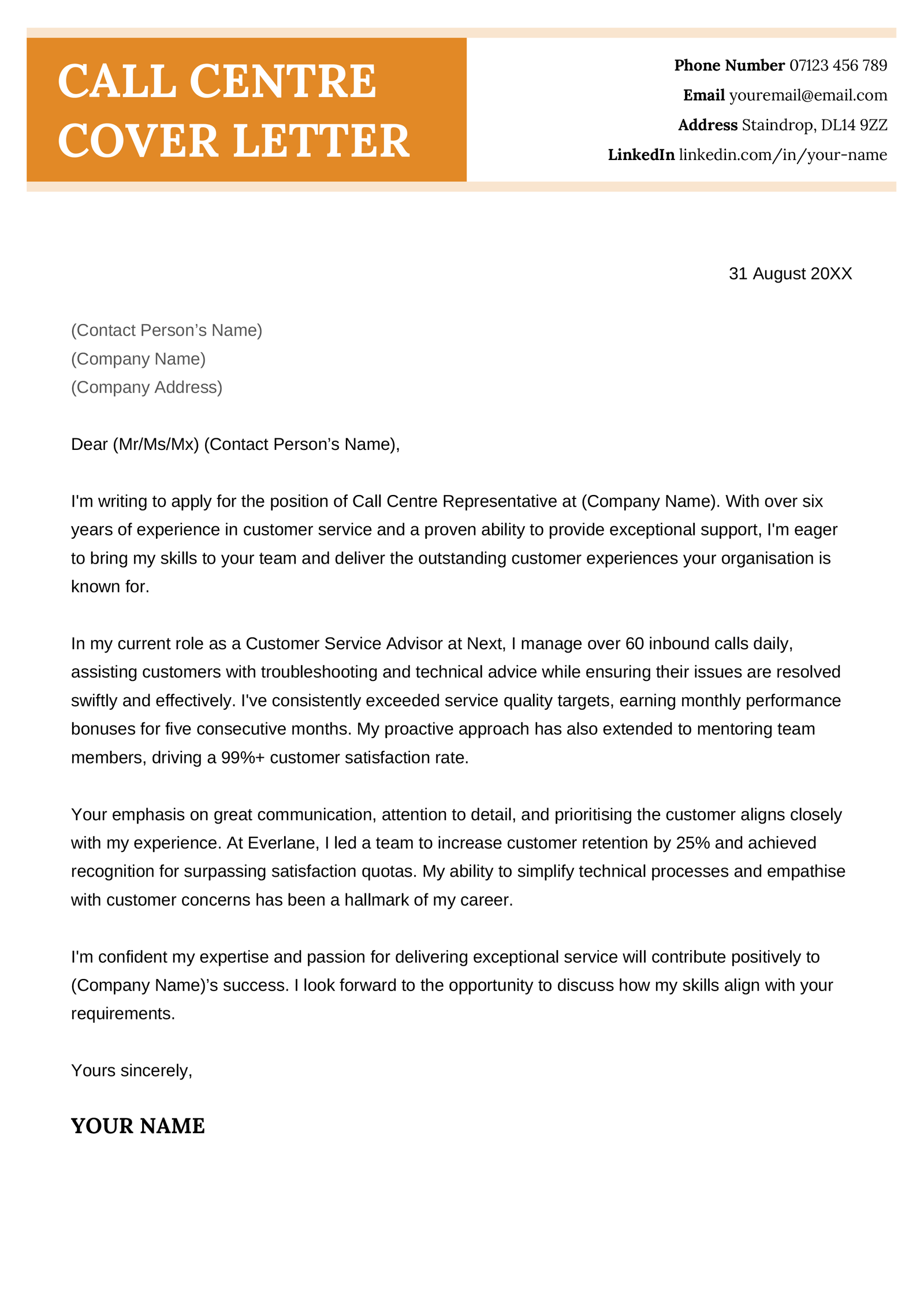 Call Center Cover Letter Example & Writing Tips for 2025