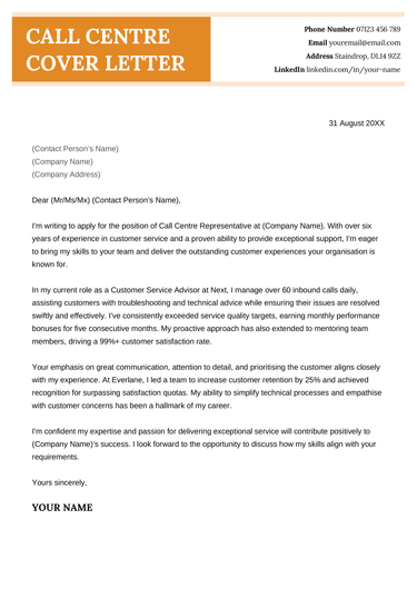 Call Center Cover Letter Example & Writing Tips for 2025