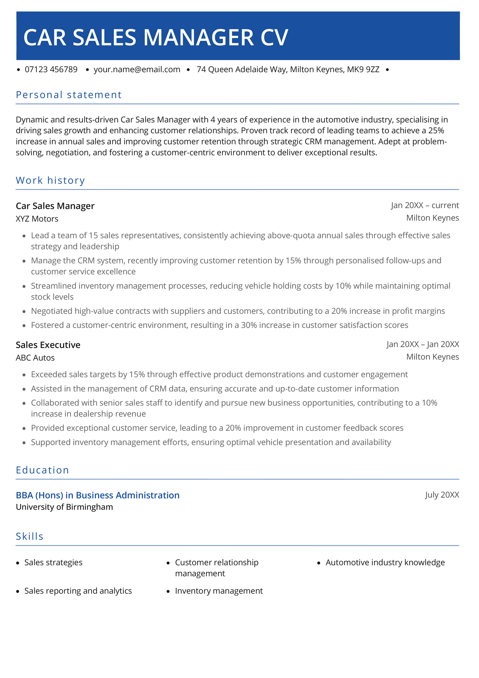 Car Sales CV Example & Writing Tips