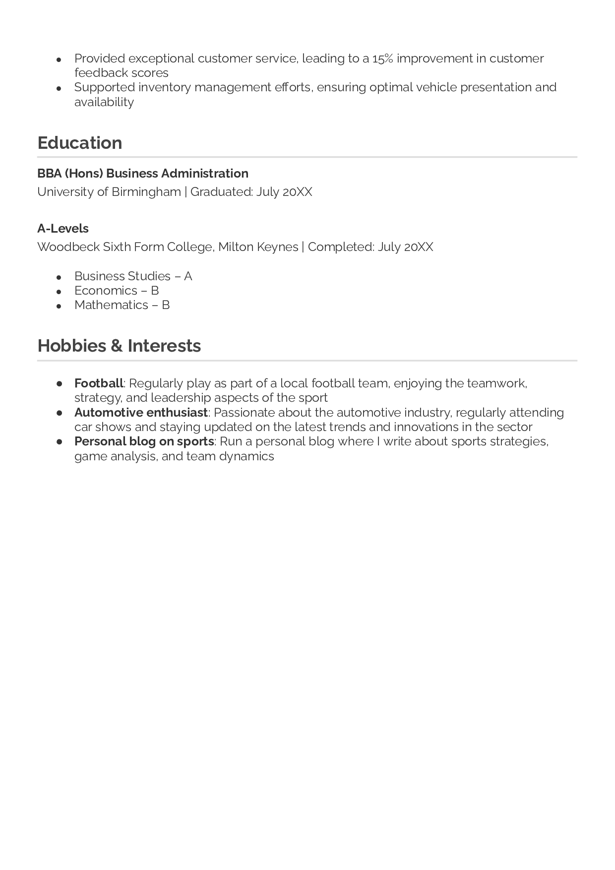 Car Sales CV Example & Writing Tips