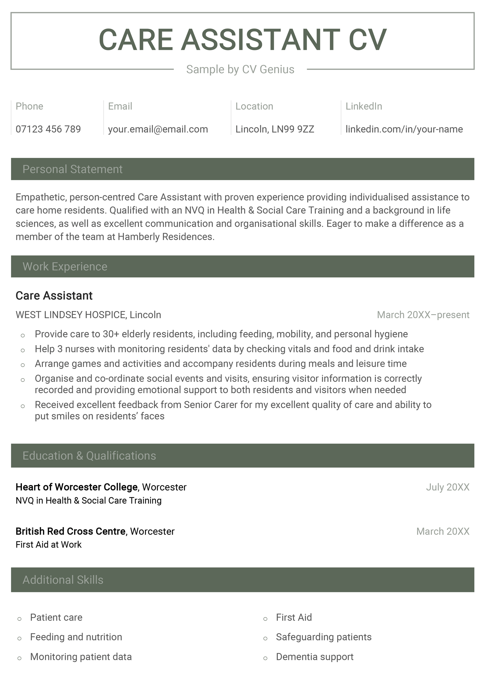 2 Care Assistant CV Samples (with Template & Tips)