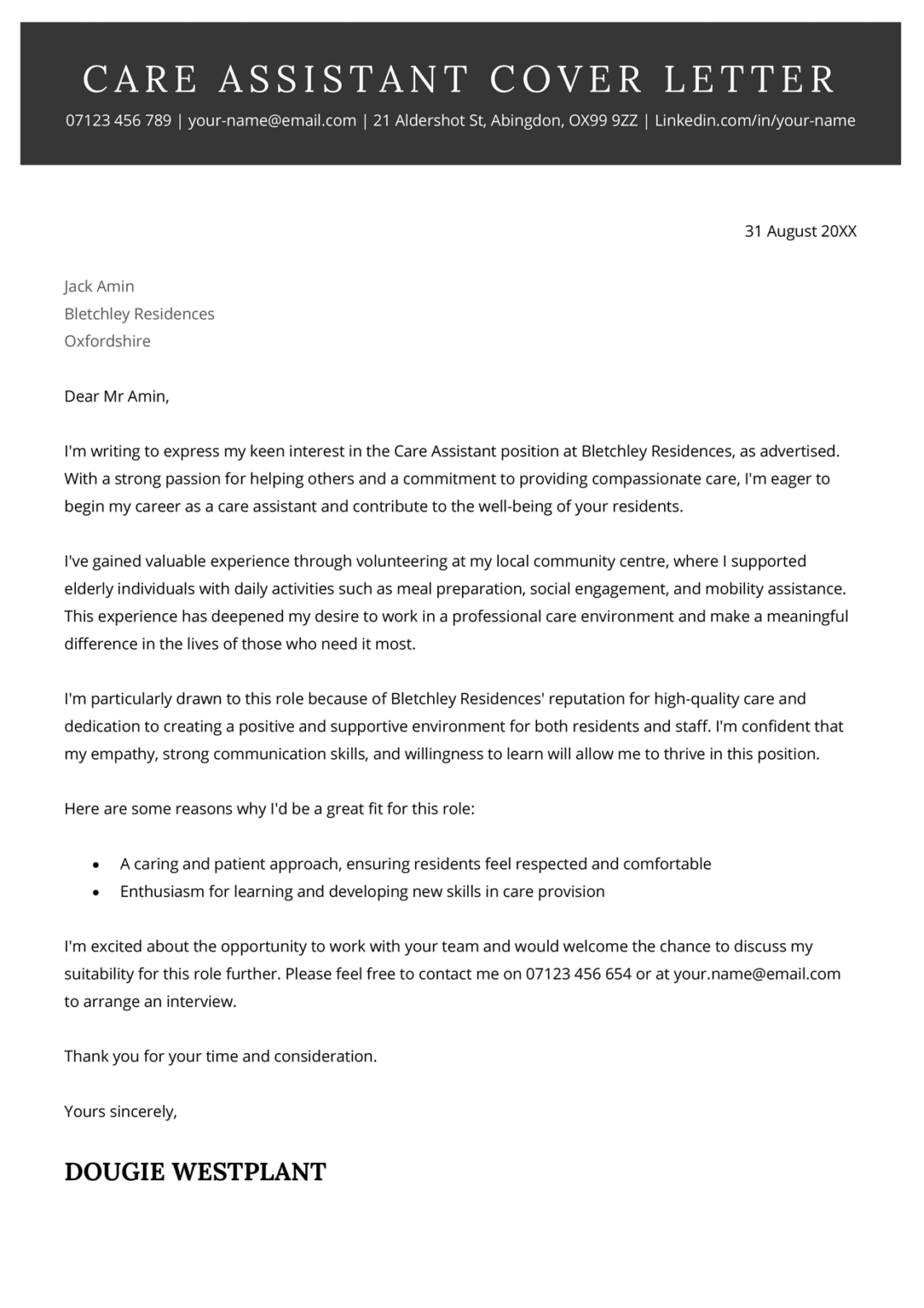 Care Assistant Cover Letter - 3 Samples and 3 Writing Tips