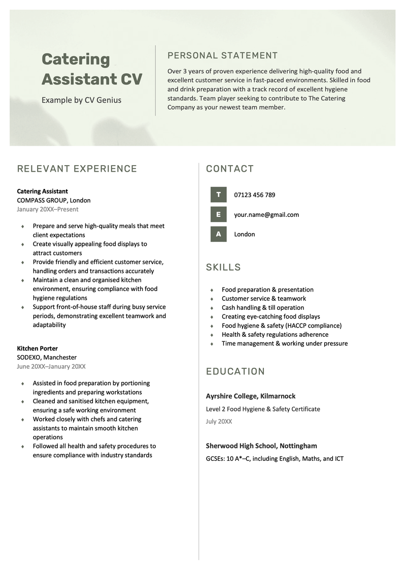Kitchen Assistant CV Examples, Template, & Writing Guide
