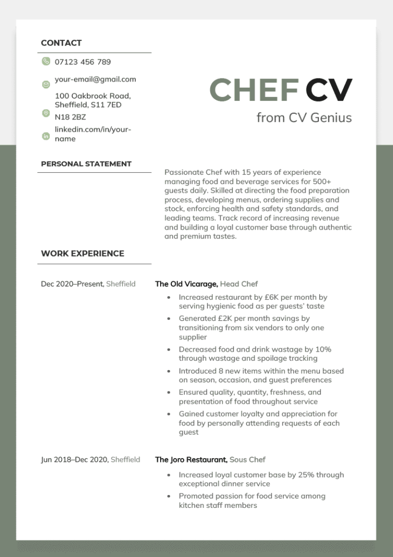 Chef CV Example Writing Guide CV Genius