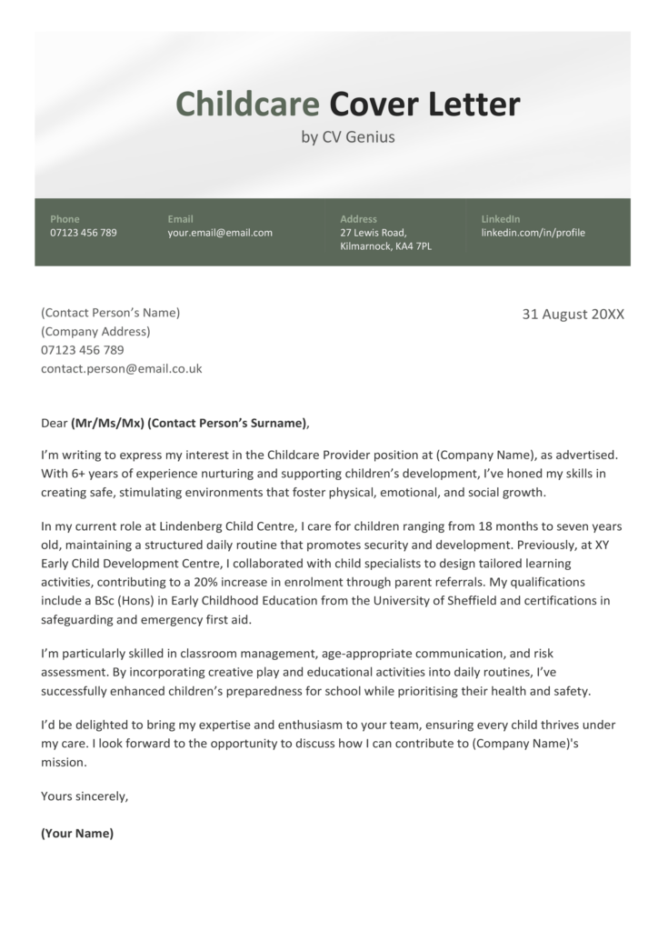 Childcare Cover Letter Example & Writing Tips for 2025