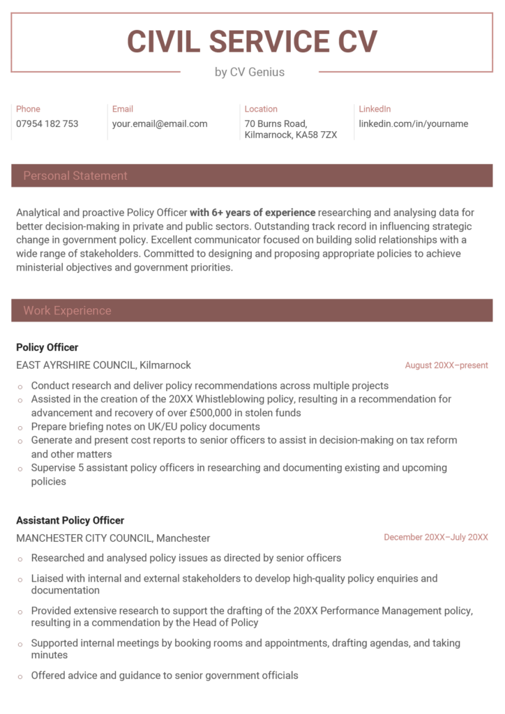 Civil Service CV Example Free Template Writing Help