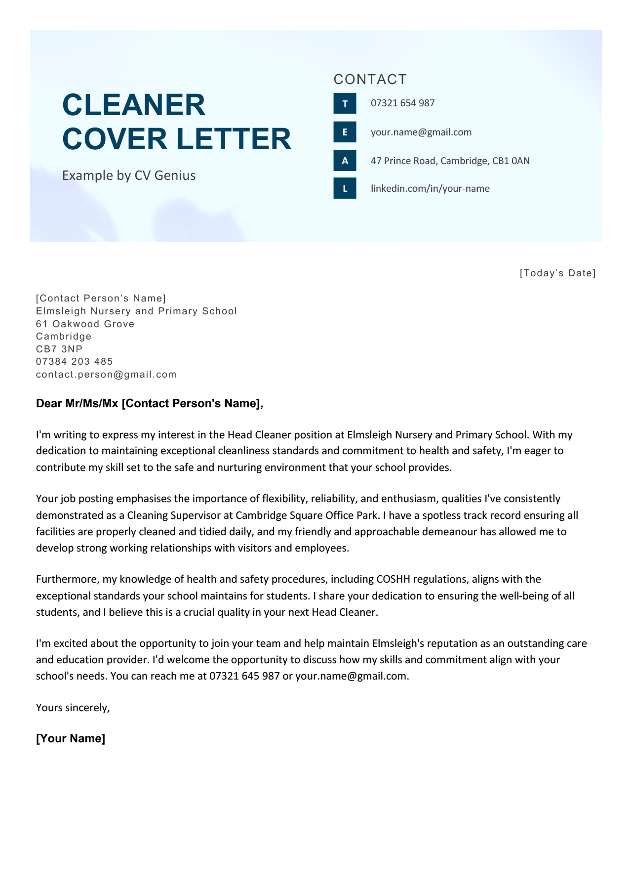 Cleaner Cover Letter Example & Writing Guide