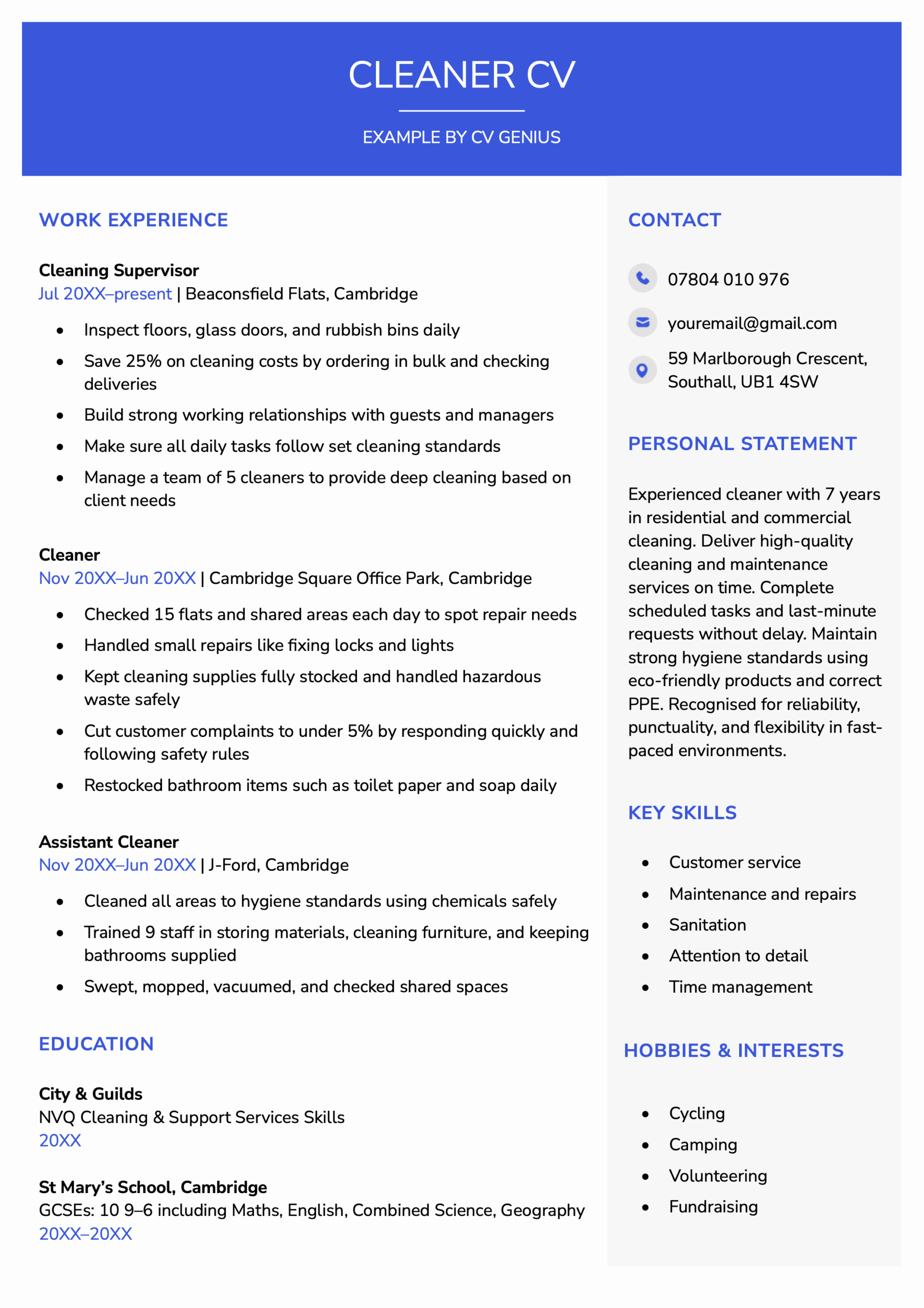Cleaner CV Examples, Template, & Writing Guide for 2026
