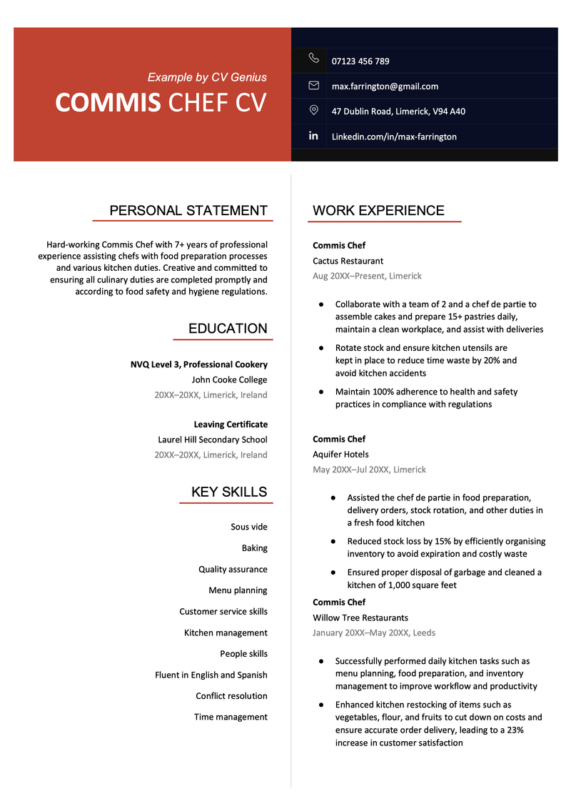 Commis Chef CV Example - Skills and Template (free download)