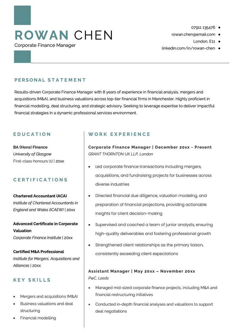 Corporate CV Template & Job-Specific Examples