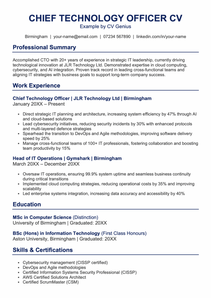 CTO CV: Example, Template, & Writing Guide
