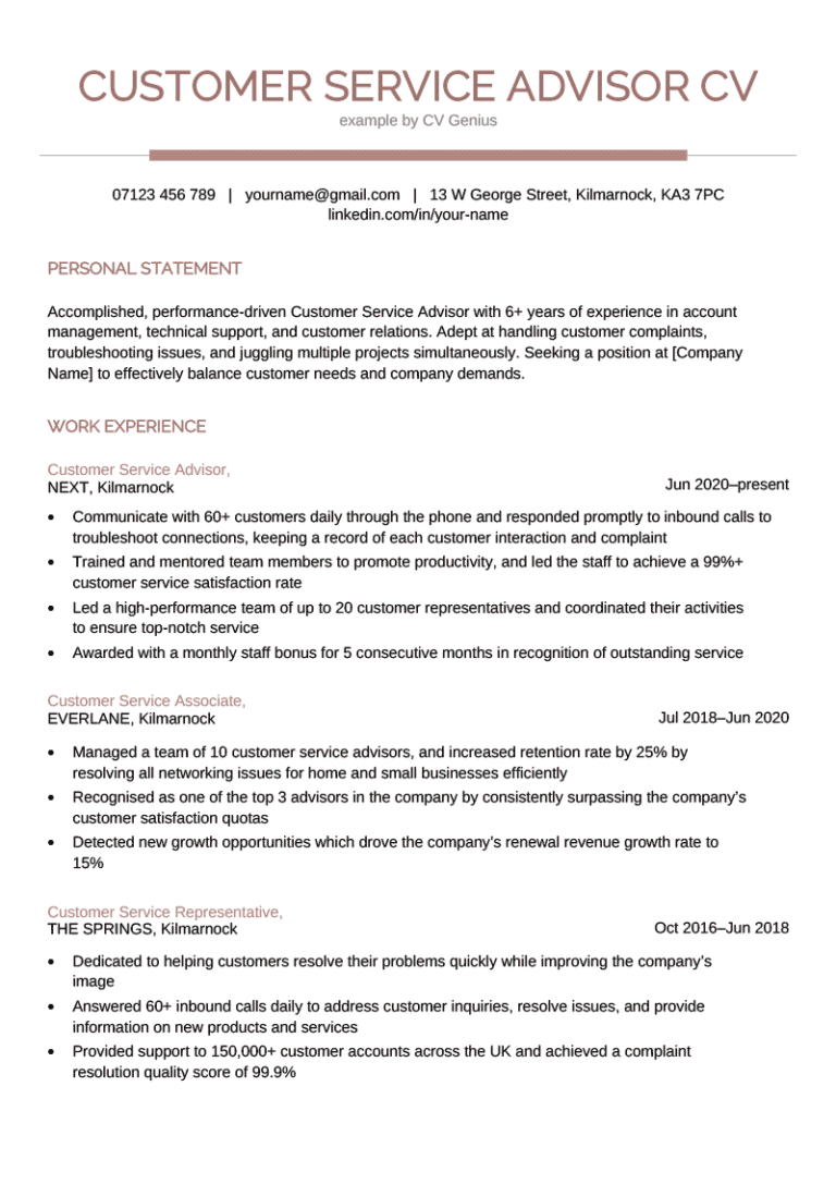 Customer Service Advisor CV - Example & Guide Customer Service Advisor CV - Example & Guide