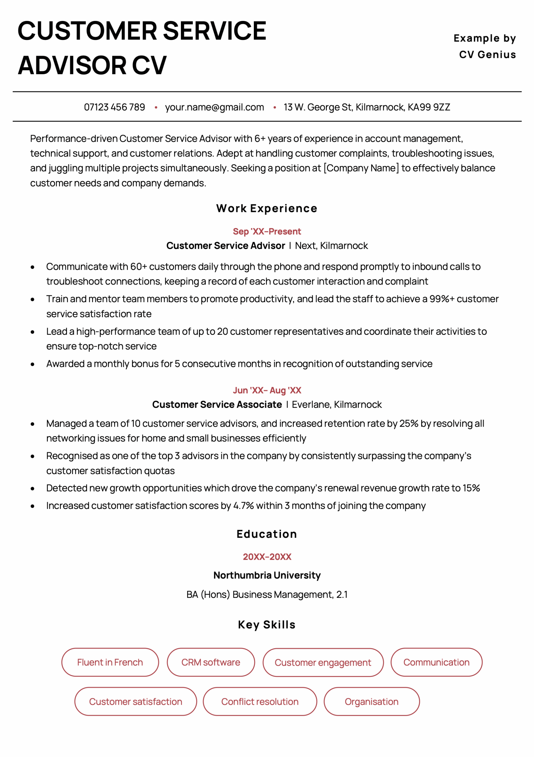 Customer Service Advisor CV - Example & Guide