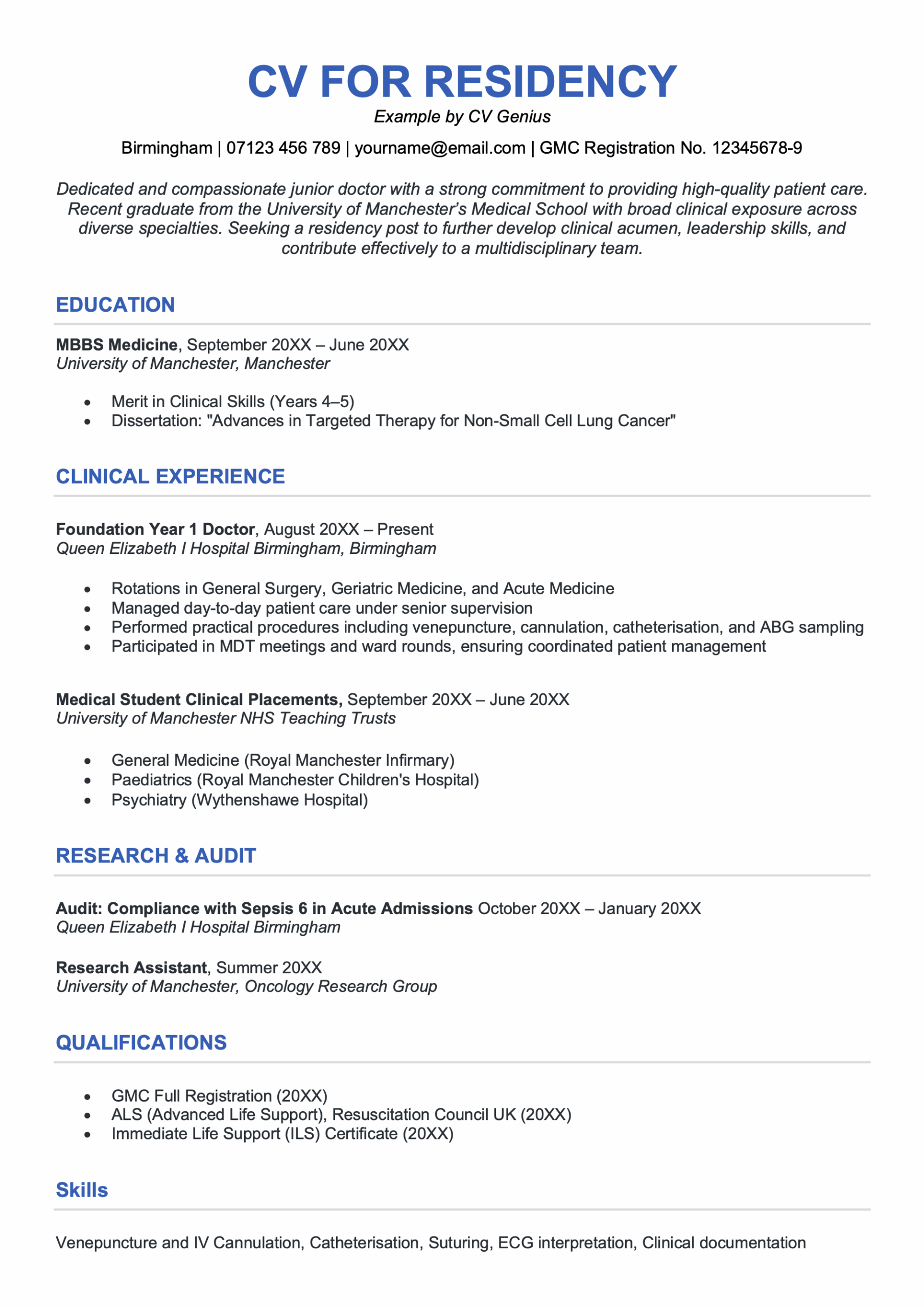 CV for Residency: Example, Medical CV Template & Tips