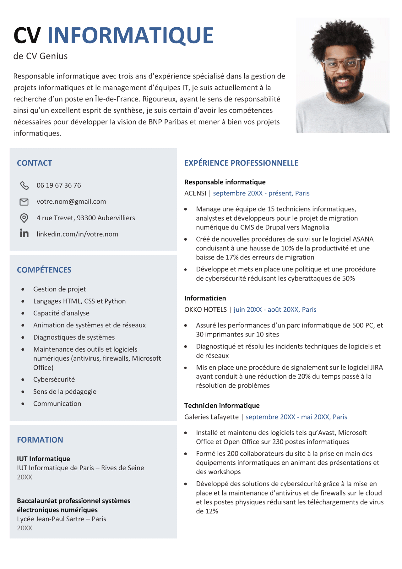 Modèle et exemples de CV informatique