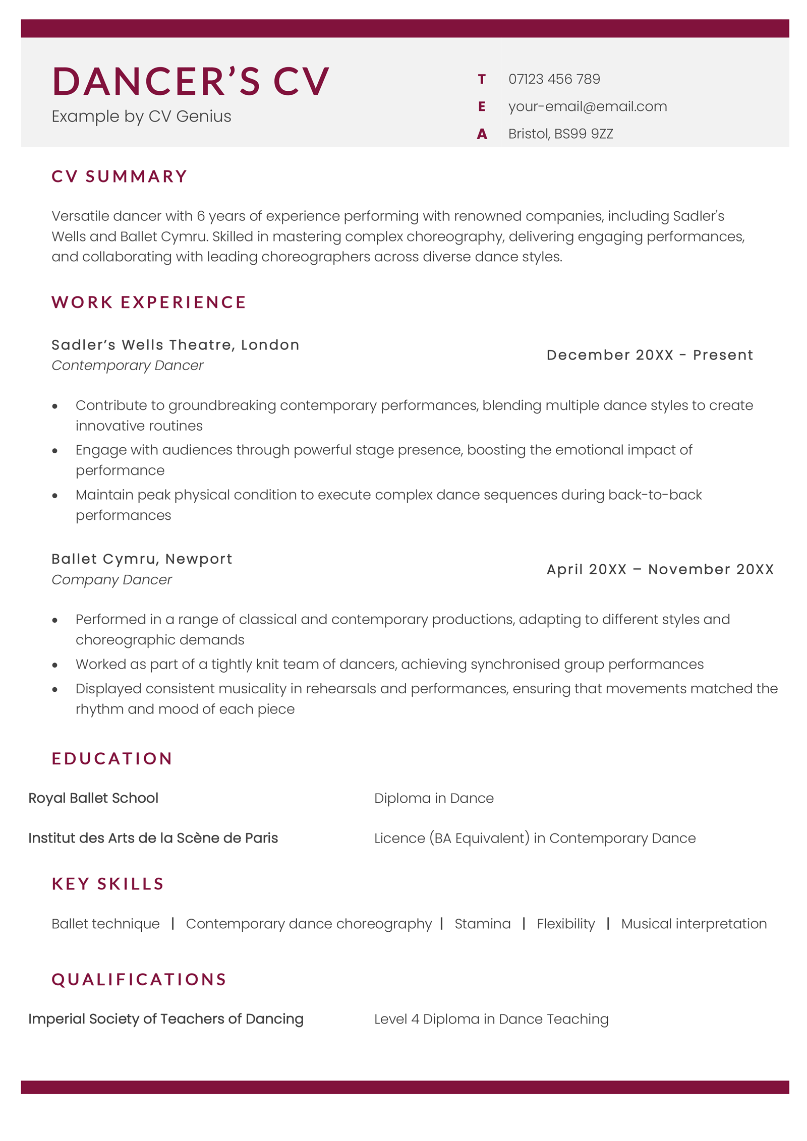 Dancer CV Example, Template & Writing Tips