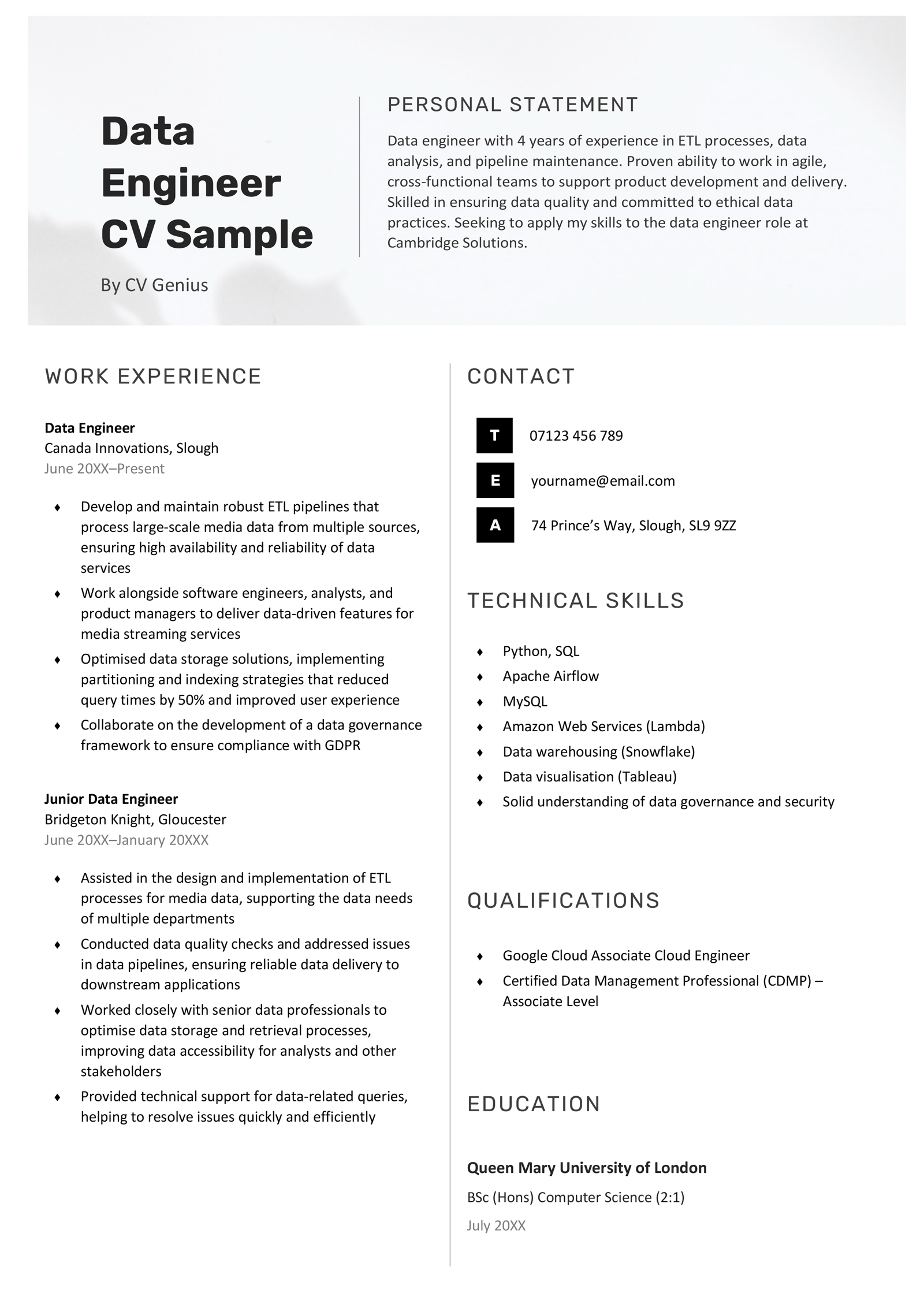 Free Data Engineer CV Example & Template
