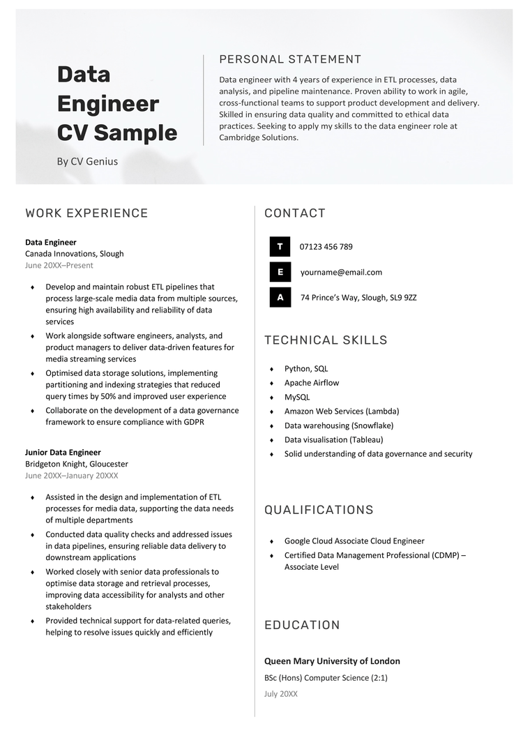 Data Engineer CV Example for 2025 | Expert Tips for Success
