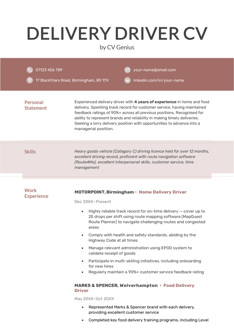 Delivery Driver CV - Example, Template & 12+ Skills to List