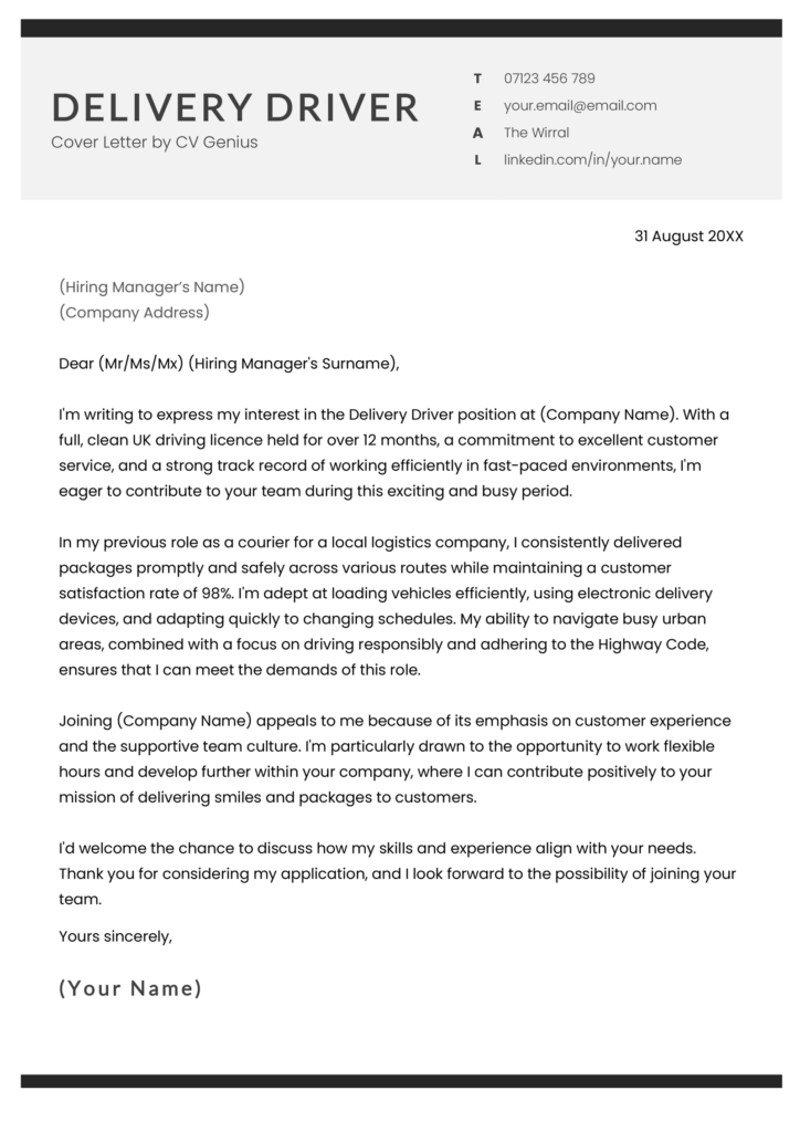 Delivery Driver Cover Letter Example & Writing Tips for 2026