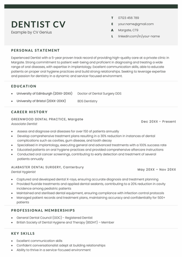 Dentist CV Example, Template, & Writing Tips for 2026