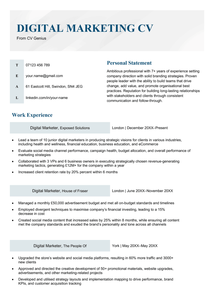 4 Digital Marketing CV Examples, Template, & Writing Tips