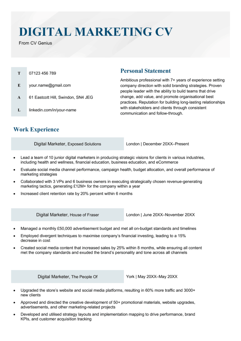 CV for Digital Marketing - Example, Tips, & Free Download