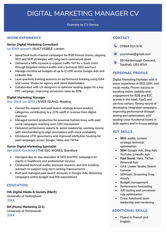 4 Digital Marketing CV Examples, Template, & Writing Tips